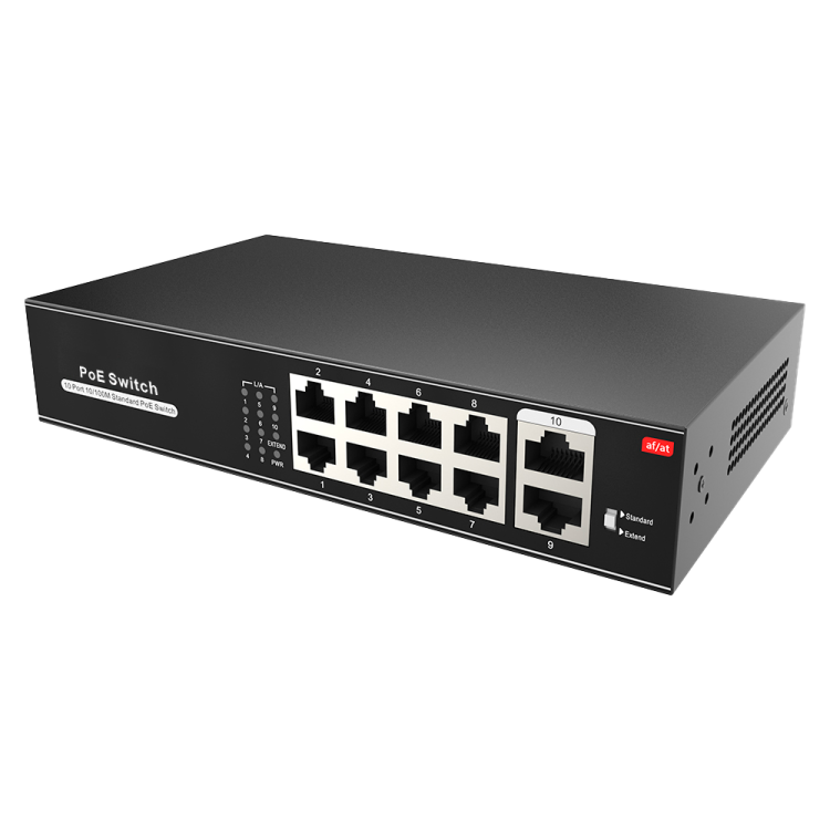 Switch de 8 puertos 10/100 POE 100W + x2 UPLINK, para sobremesa. Hasta 250 metros